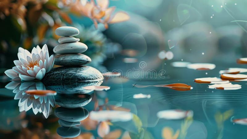 A Serene Scene of a Pond with a White Lily Pad and a Stack of Rocks ...