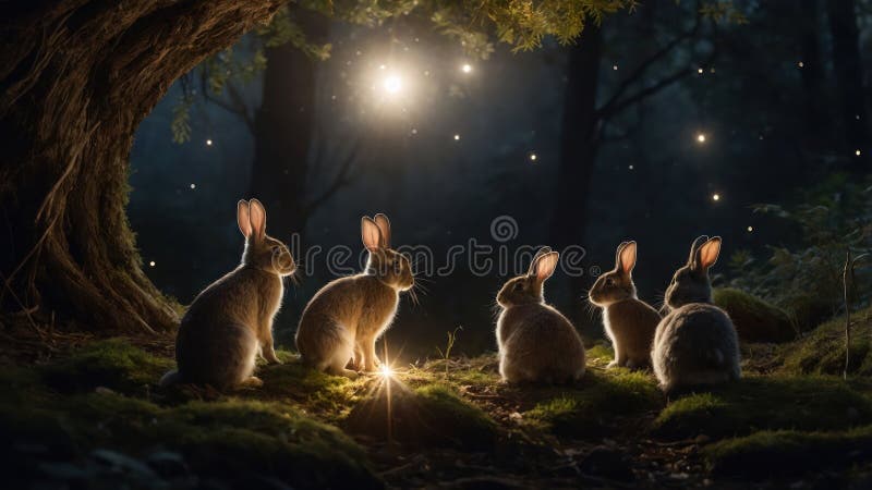 Magical Night: Four Rabbits Gathered Underneath an Ancient Tree Stock ...