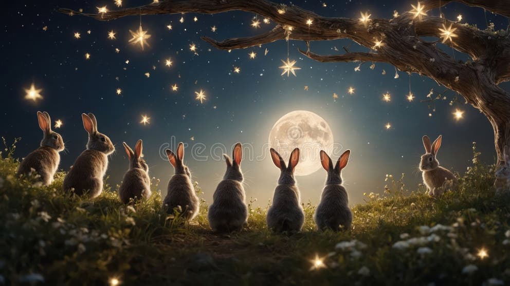 Six Cute Bunnies Gazing at the Magical Full Moon and Stars Stock ...