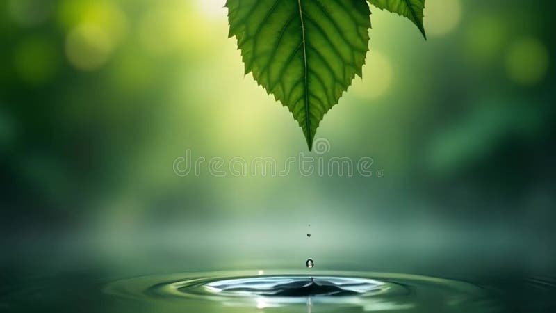 Gentle Raindrop Falling from Leaf Creates Serene Ripples in Water ...