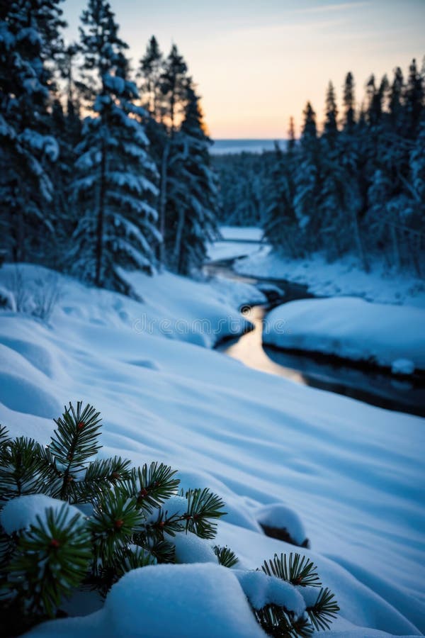A Serene Scene of a Stream Flowing through a Snowy Forest Stock Photo ...