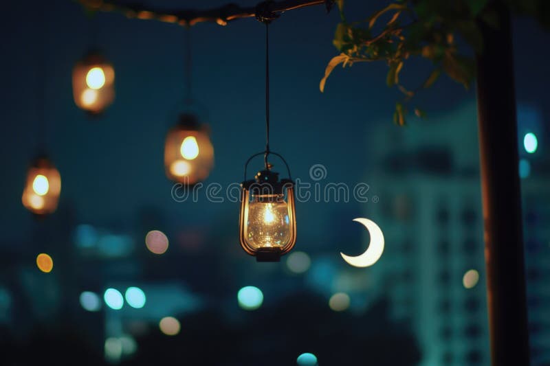String Lights on Tree with Moon Stock Image - Image of tree, magical ...
