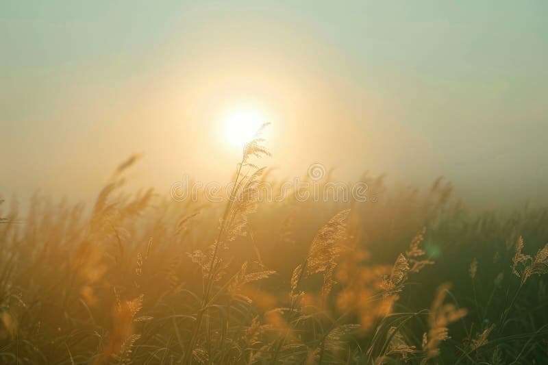 A Serene Scene with the Sun Setting Behind a Field of Tall Grass, Ideal ...