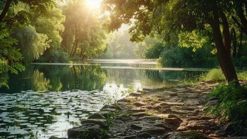 Sunlight Filtering through Tree Branches Over Water Stock Image - Image ...