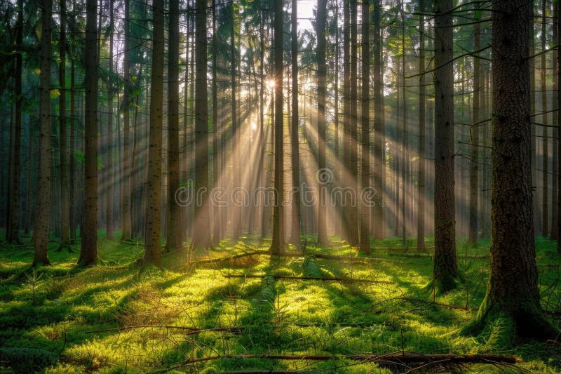 Serene Scene Sunlight Peeking Treetops Dense Forest Stock Photos - Free ...