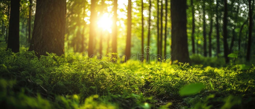 A Serene Scene with Sunlight Peeking through the Treetops in a Lush ...