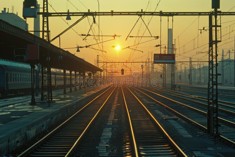 A Serene Scene of the Sunset Falling Behind a Set of Train Tracks, with ...