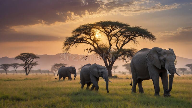 Two Majestic Elephants Walking on the Grasslands at Dawn with Mountains ...