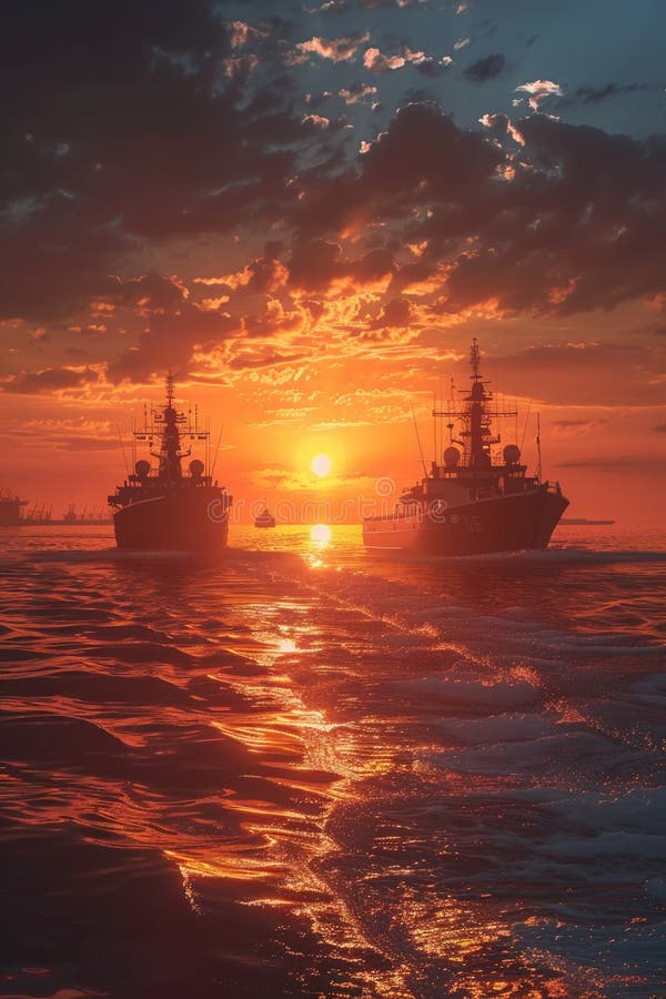 A Serene Scene of Two Ships Sailing in the Ocean during Sunset Stock ...