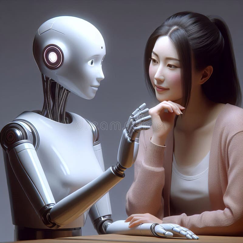 Woman Engaging with a Humanoid Robot in a Thoughtful Conversation Stock ...