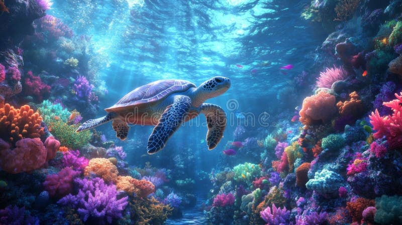 Serene Sea Turtle Swimming through a Vibrant Coral Reef Stock ...