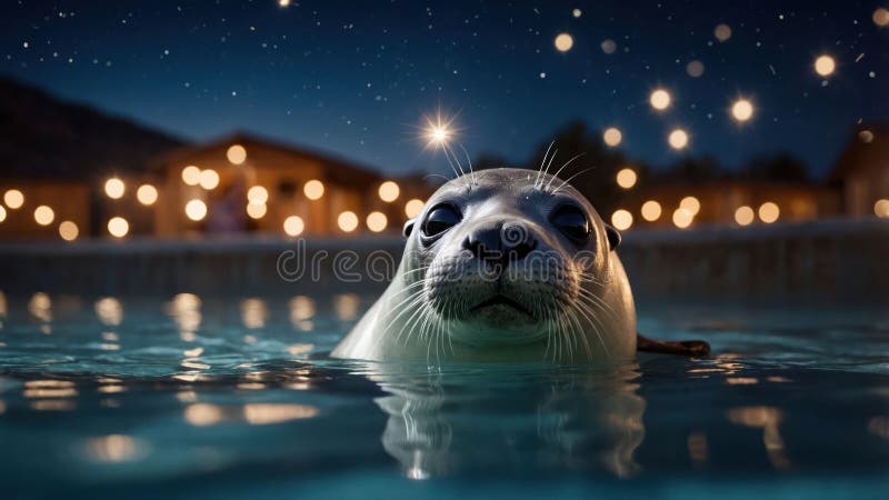 Adorable Seal Pup in Night Pool with Fairy Lights Stock Illustration ...
