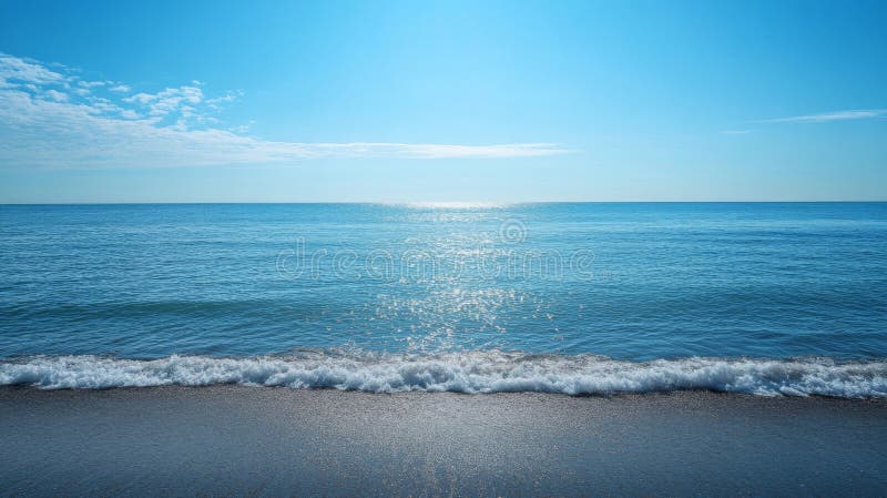 Serene Seascape: Azure Ocean Meets Sandy Shore Under a Bright Blue Sky ...