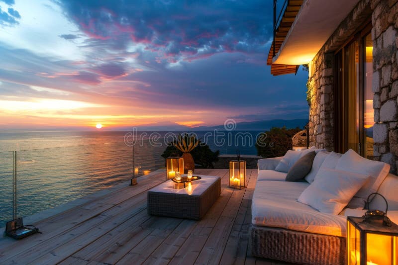 Serene Seaside Sunset View from Luxurious Coastal Villa Terrace Stock ...