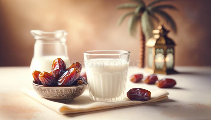 Traditional Iftar Meal with Dates and Milk, Ramadan Concept Stock ...