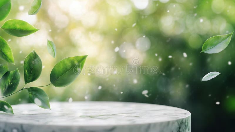 A Serene Setting with Green Leaves Gently Falling Over a Stone Surface ...