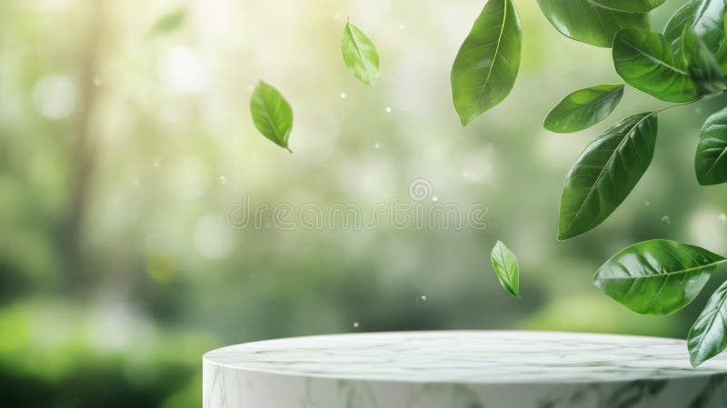 A Serene Setting with Green Leaves Gently Falling Over a Stone Surface ...