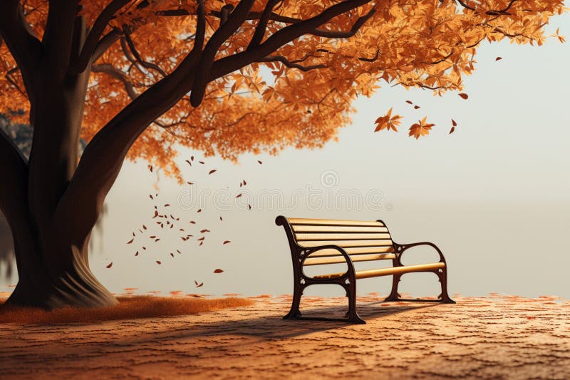 Serene Setting Park Bench Beneath an Autumn Tree with Fallen Leaves ...