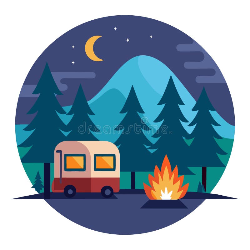 A Serene Setting with a Well-lit Caravan Next To a Campfire in a Forest ...