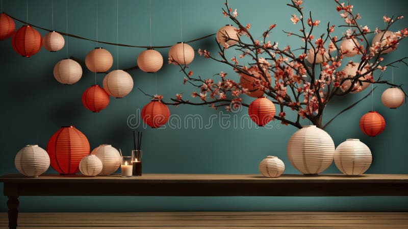 A Serene Setup of Hanging Paper Lanterns Alongside Blossoming Cherry ...