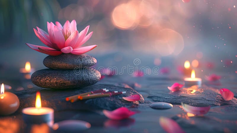 Serene Setup of Zen Stones, Lotus Flower, and Candles, Creating a ... Serene Setup of Zen Stones, Lotus Flower, and Candles, Creating a ...