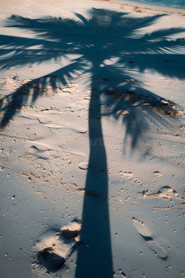 Shadow of a Palm Tree Cast on a Sandy Beach during a Beautiful Sunset ...