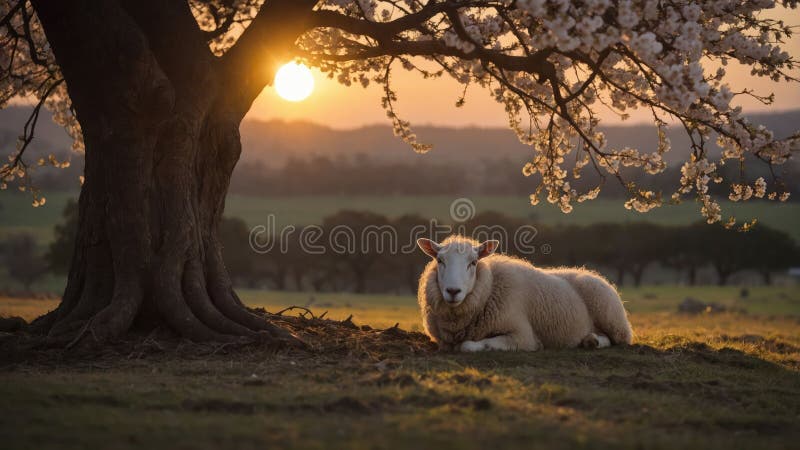 Serene Sheep Resting Under a Blossoming Tree at Sunset Stock ...