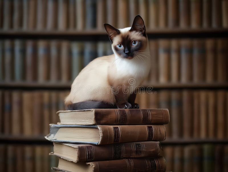 Siamese Cat on Stack of Antique Books in Library AI Generated. Stock ...