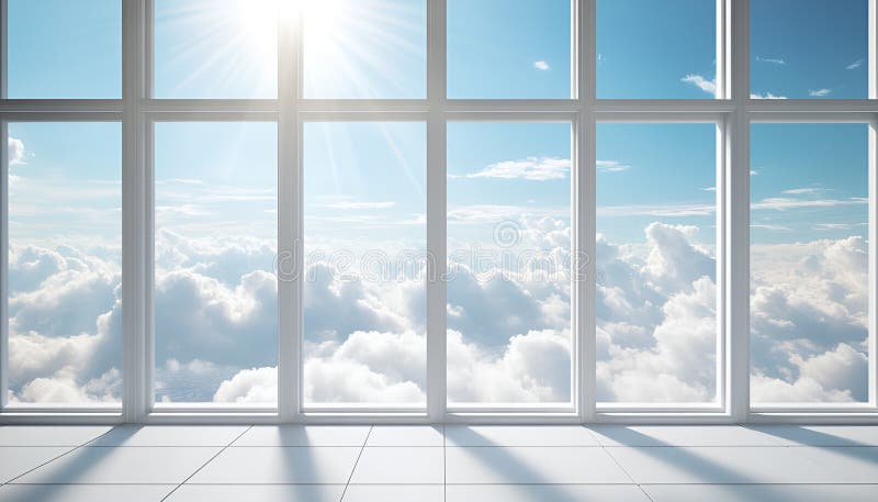 Serene Sky View through Window with Radiant Clouds and Sunlight Stock ...