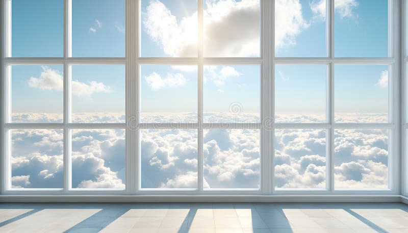 Serene Sky View through Window with Radiant Clouds and Sunlight Stock ...