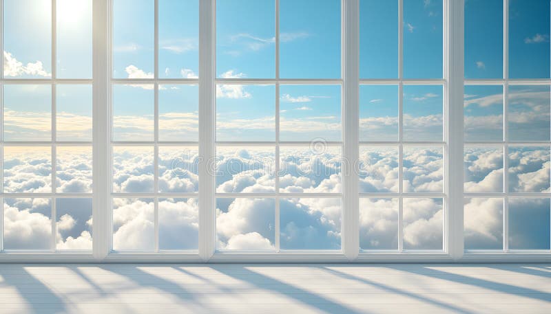 Serene Sky View through Window with Radiant Clouds and Sunlight Stock ...