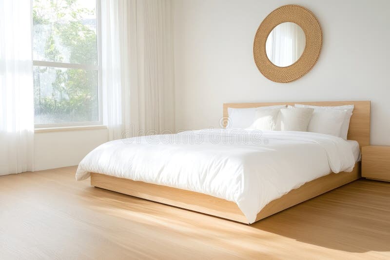 Serene Sleepscape: Stylish Bedroom with Panoramic Window and Bed Mockup ...