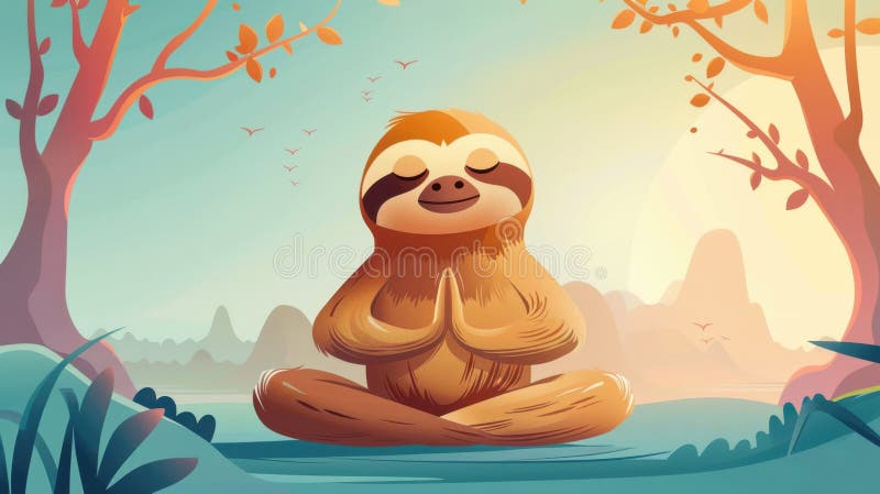 Serene Sloth Meditating in Tranquil Sunset Nature Scene Stock ...