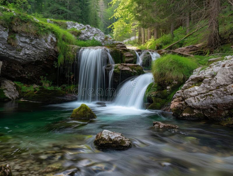 A Serene Small Waterfall Flowing into a Crystal-clear Stream Surrounded ...