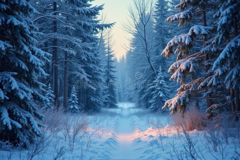 Serene Snow-covered Forest Pathway at Dawn with Soft Light and Snow ...
