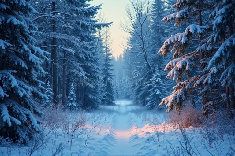 Serene Snow-covered Forest Pathway at Dawn with Soft Light and Snow ...