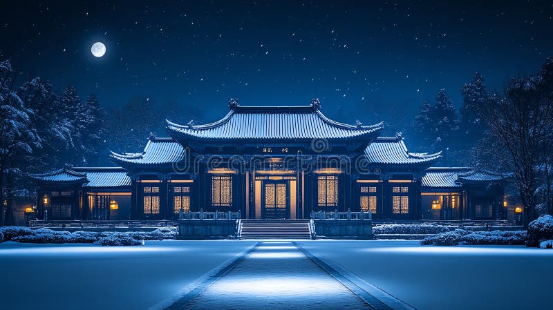 A Serene Snow-covered Temple Illuminated by Moonlight, Showcasing ...