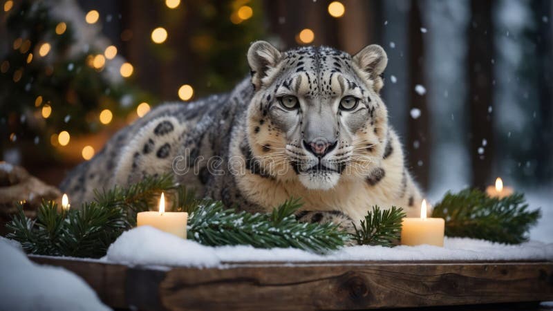 Majestic Snow Leopard Christmas Scene: a Beautiful Snow Leopard Rests ...