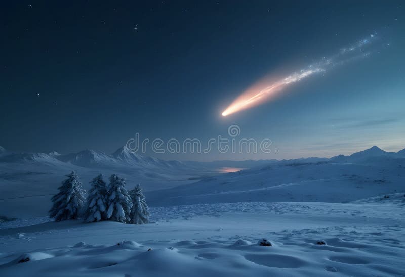 Tranquil Snowy Scene Featuring Passing Comet Stock Illustration ...