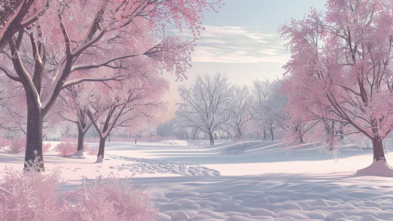 Serene Snowy Landscape with Pink Cherry Blossoms Stock Image - Image of ...