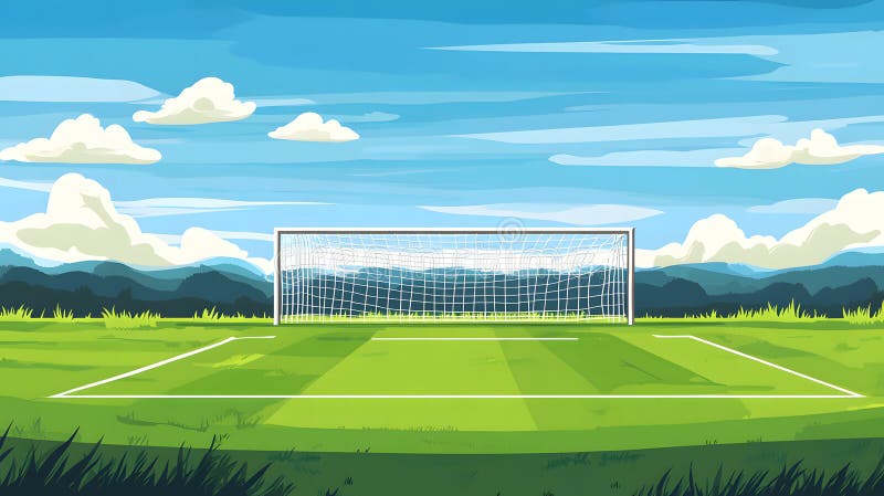 Serene Soccer Field Goal, Grass, Mountains, and Sky Stock Illustration ...