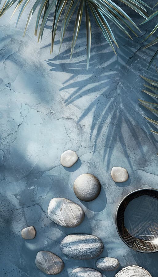 Serene Soft Blue Composition Featuring Textured Stone Elements and Palm ...