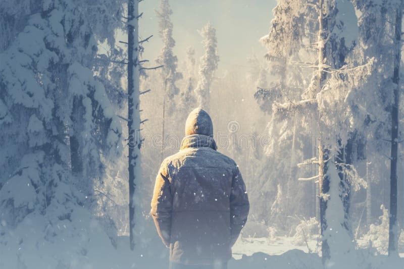 Serene Solitude Man in Winter Forest, Captivated by Snowy Scenery Stock ...