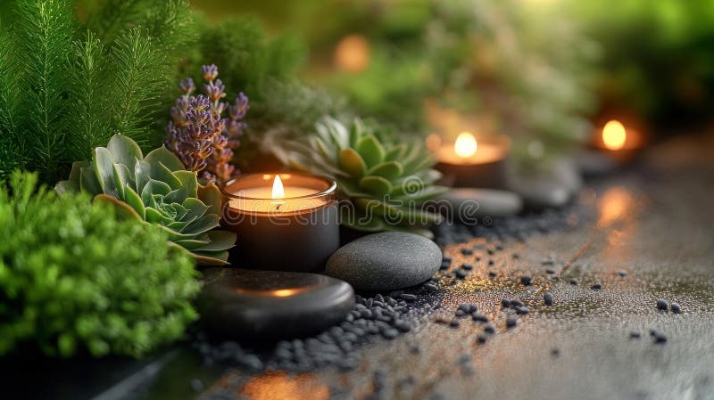 Serene Spa Corner Featuring Succulent Plants and Calming Candlelight in ...
