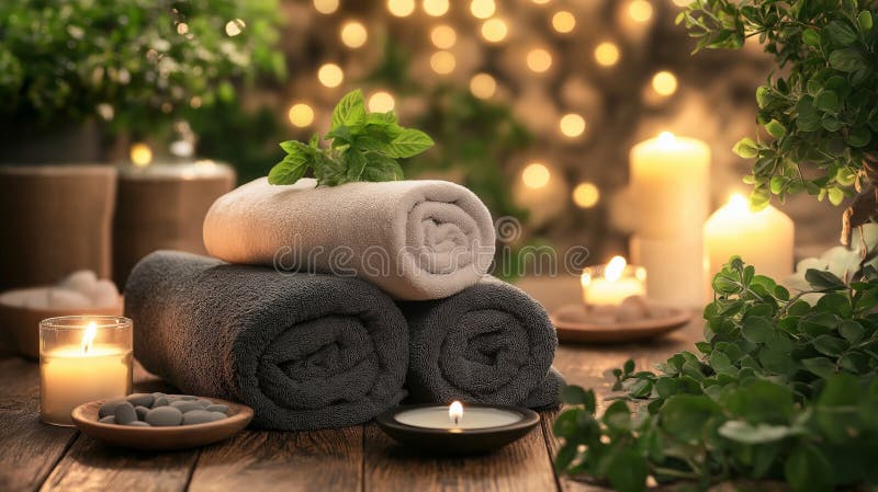 Serene Spa Environment, with Soft Candlelight and Calming Decor Stock ...