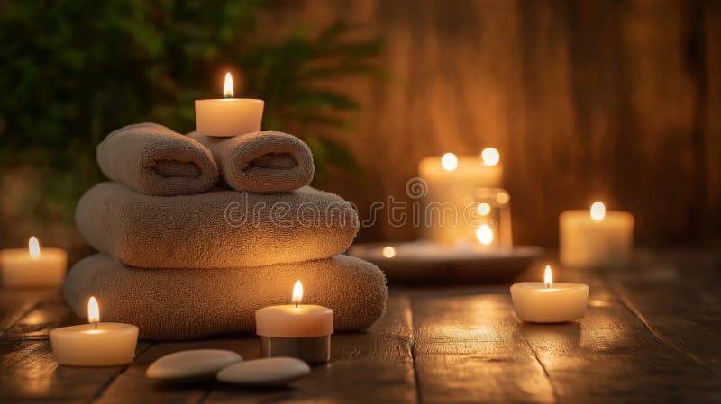 Serene Spa Environment, with Soft Candlelight and Calming Decor Stock ...