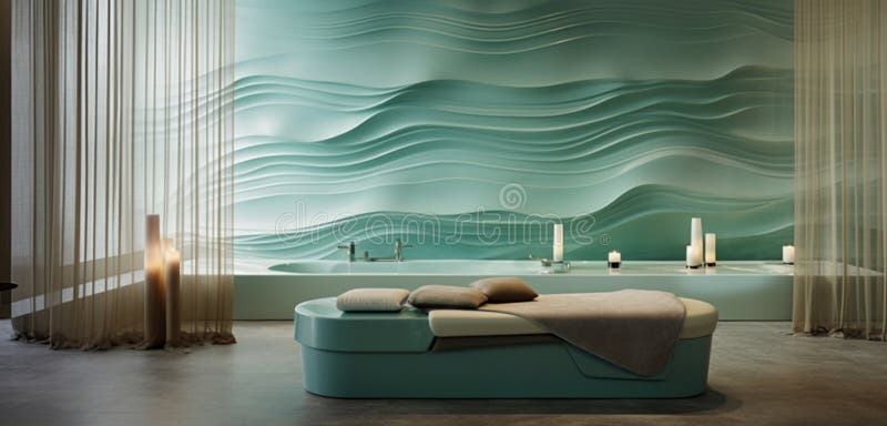 A Serene Spa Interior with a 3D Water Ripple Wall Pattern in Soft Blues ...
