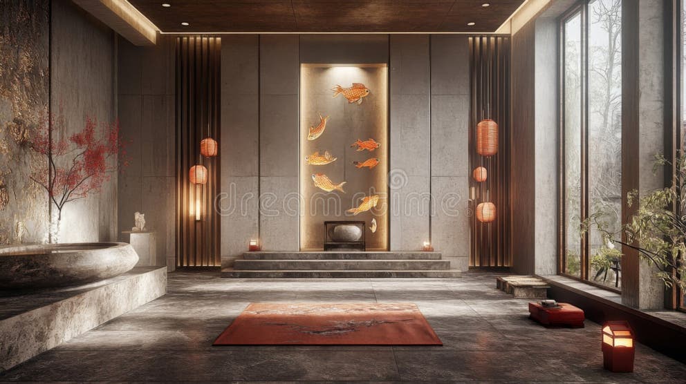 Serene Spa Interior Design Featuring Koi Fish Artwork Stock ...