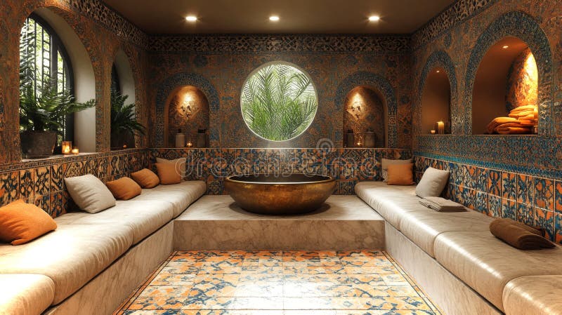 Serene Spa Interior Featuring a Luxurious Golden Basin and Intricate ...
