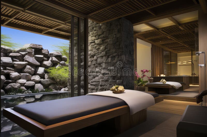 Serene Spa Room with Stone Wall and Large Window Stock Photo - Image of ...